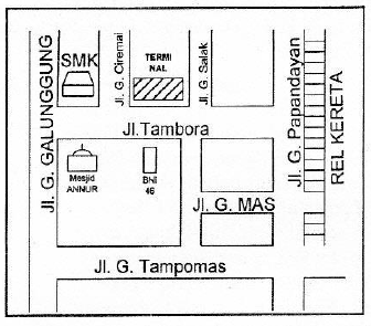 Perhatikan denah berikut! Letak terminal yan...